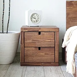 Massive wood nightstand made of pine, with two drawers, cubic..
